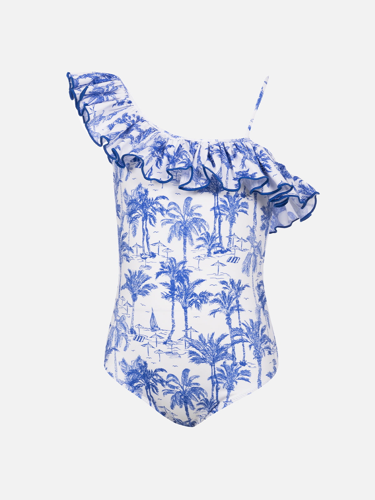 Girl ruffled one piece Carin swimsuit with toile de jouy print – MC2 ...