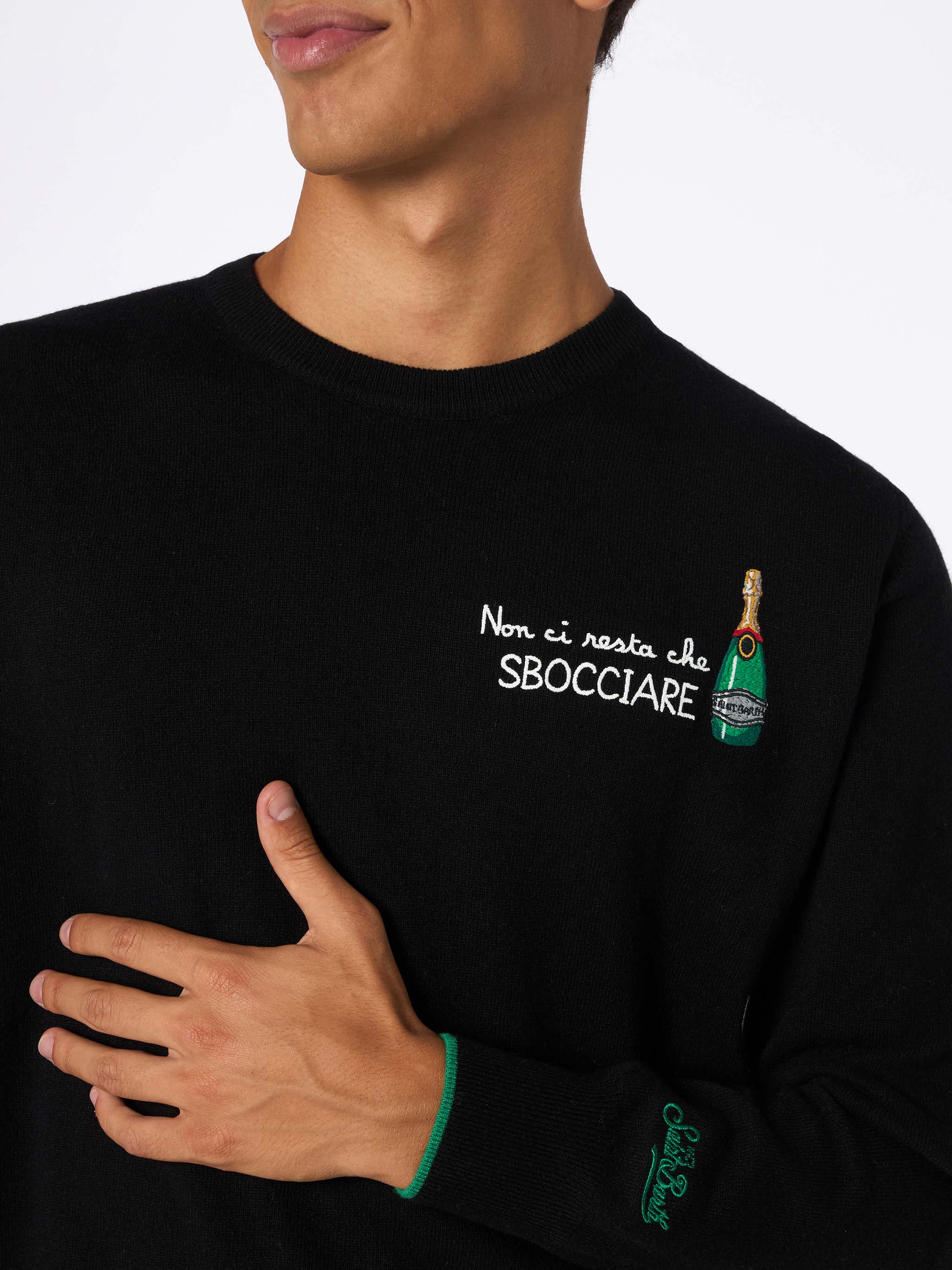 Man Black Sweater Heron with "Non ci resta che sbocciare" Embroidery ...