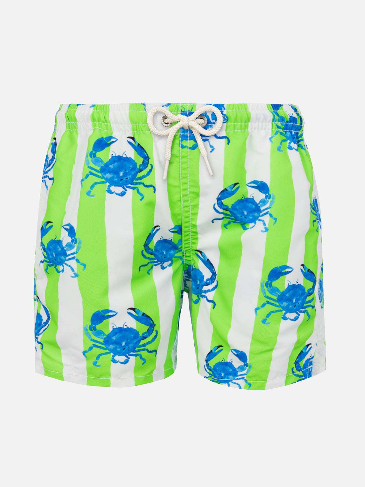 Costume da bagno da bambino con stampa a righe bianche e verdi e granc ...