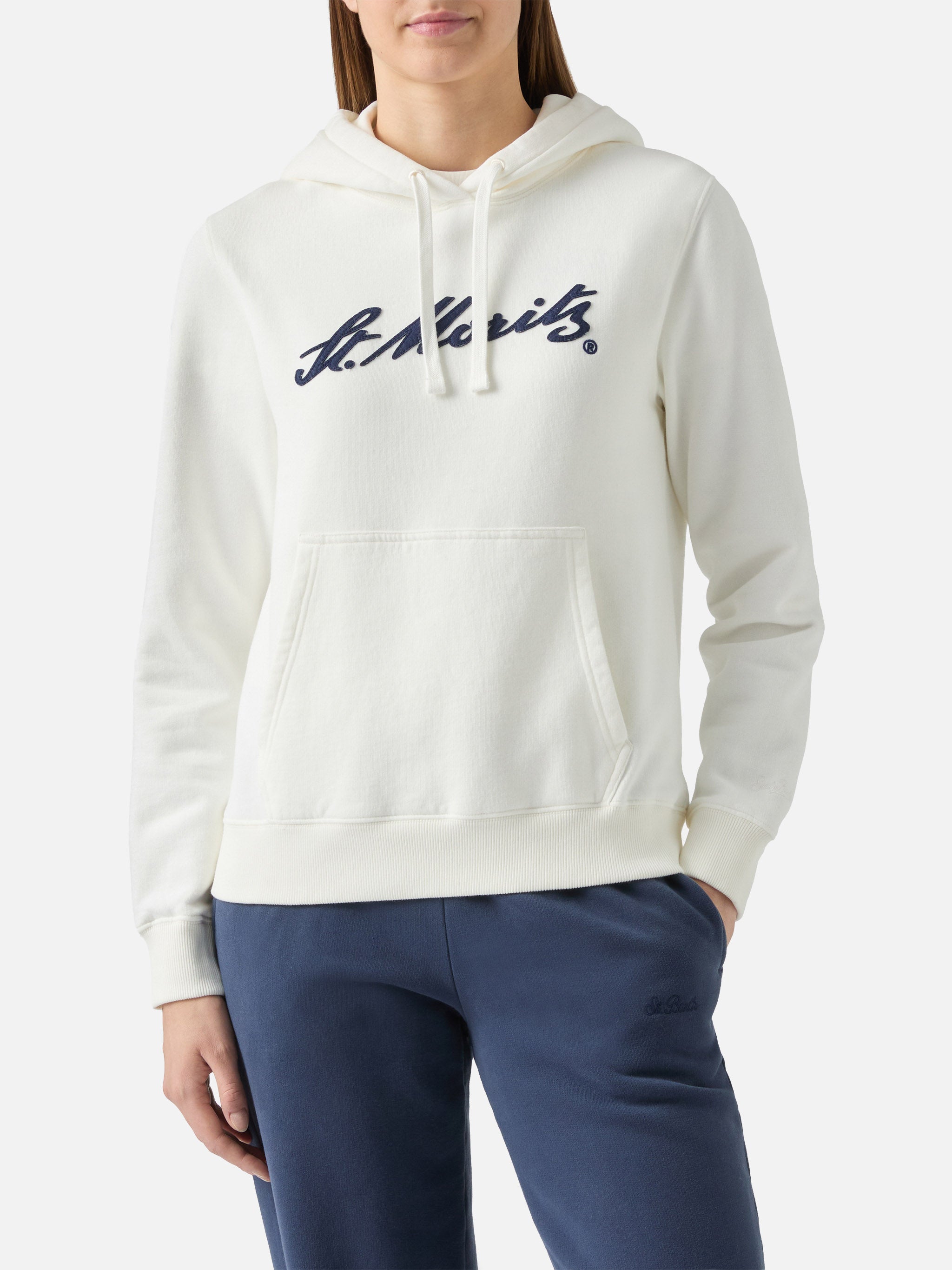 Virginia cotton hoodie in white with St. Moritz embroidery | ST. MORIT ...